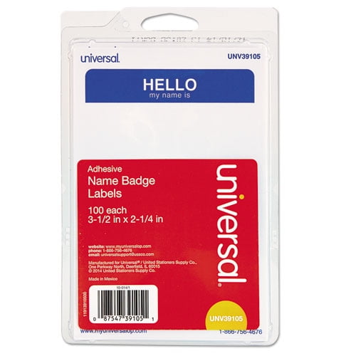 "Hello" Self-Adhesive Name Badges, 3 1/2 X 2 1/4, White/blue, 100/pack ...