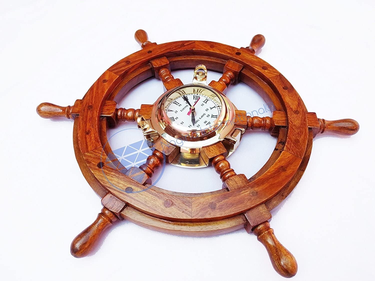Wooden Ship Wheel Jhanjhat Solid Brass Polished Porthole Clock Mounted ...
