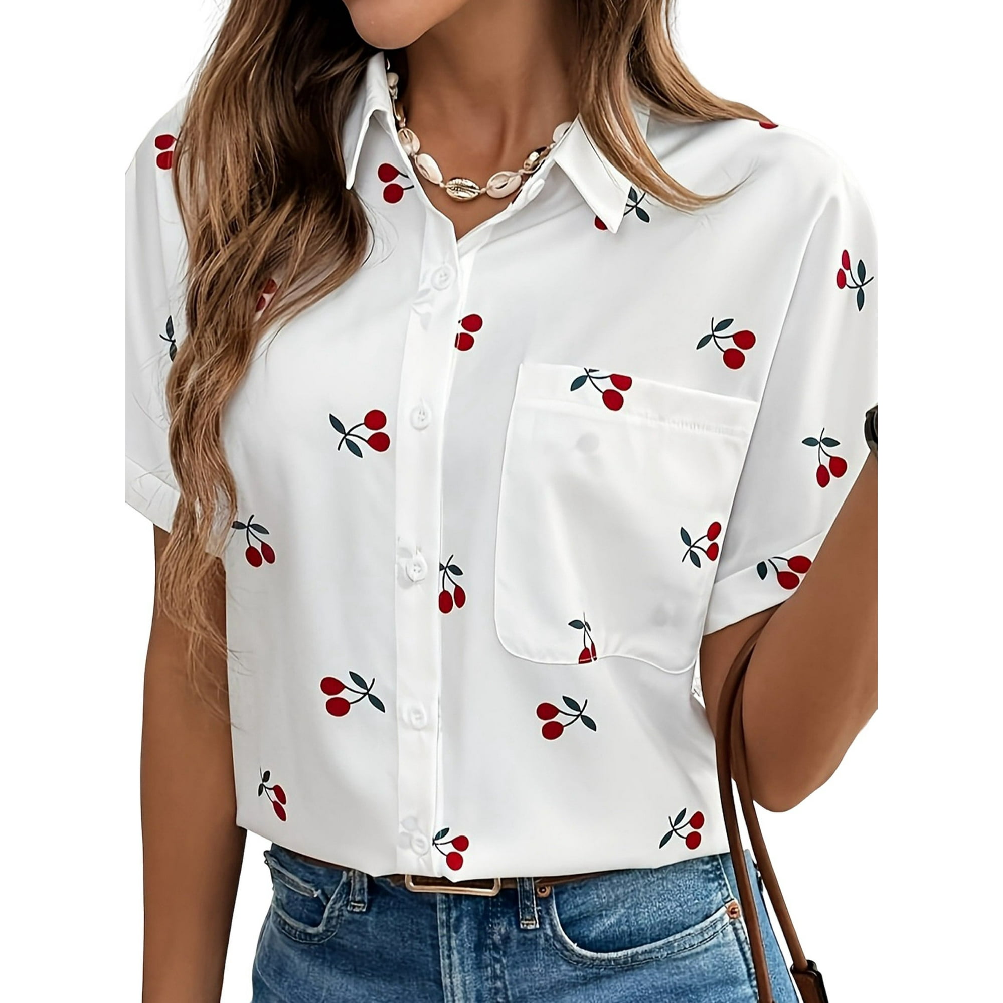 Click here for Unbranded Womens Cherry Print Short Sleeve Blouse... prices