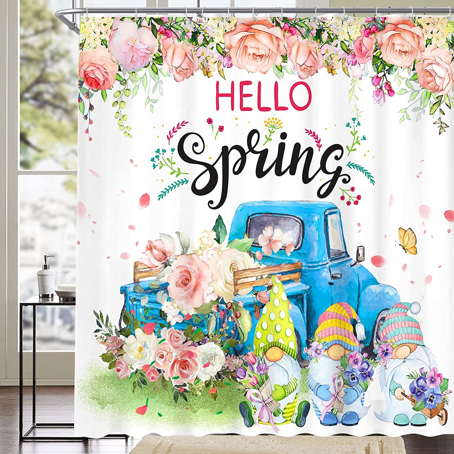 Spring Gnomes Shower Curtains for Bathroom, Hello Spring Floral Floral ...