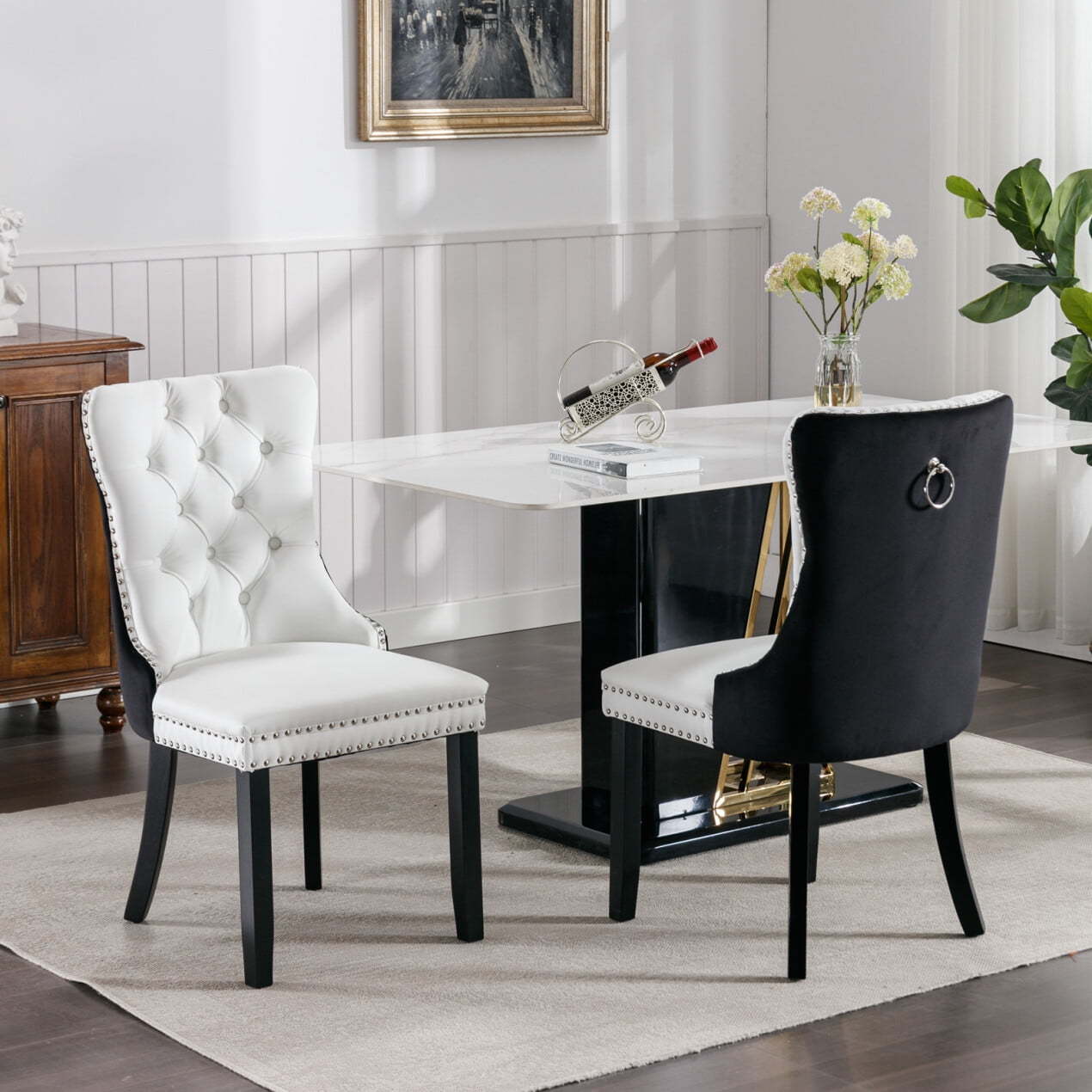 2 Pcs Dining Chairs Set Upholstered High Back Chairs With Tufted