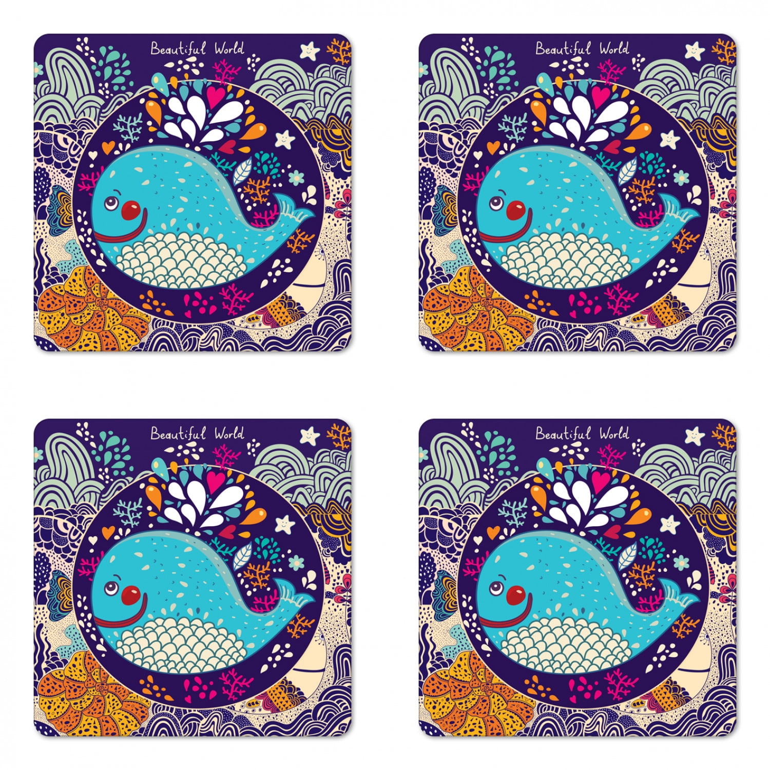 Sea Animals Coaster Set of 4, Cartoon Illustration with Smiling Whale ...