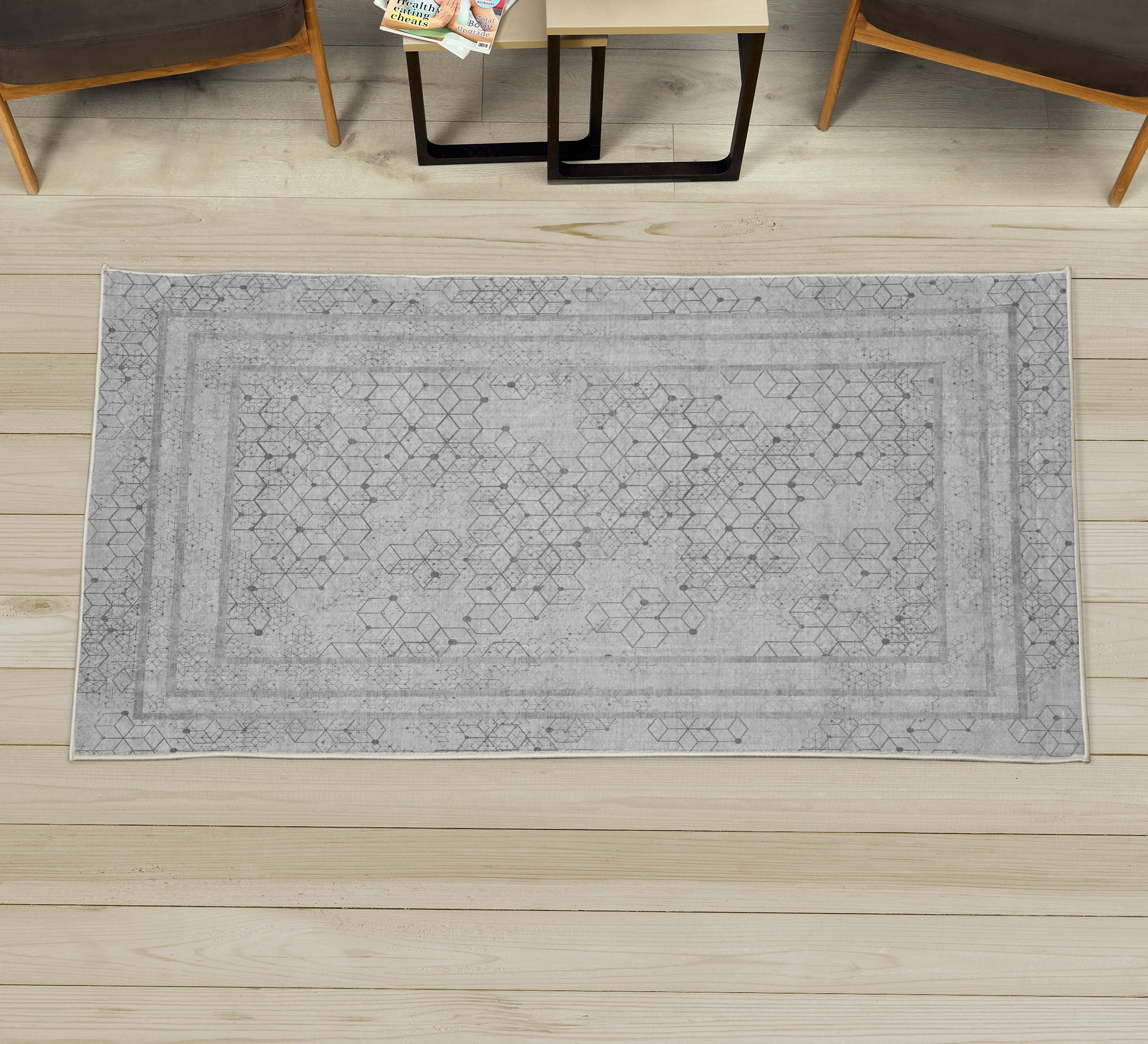 Geometric Decorative Rug, Grunge Look Inspired Cubic Themed Squares ...