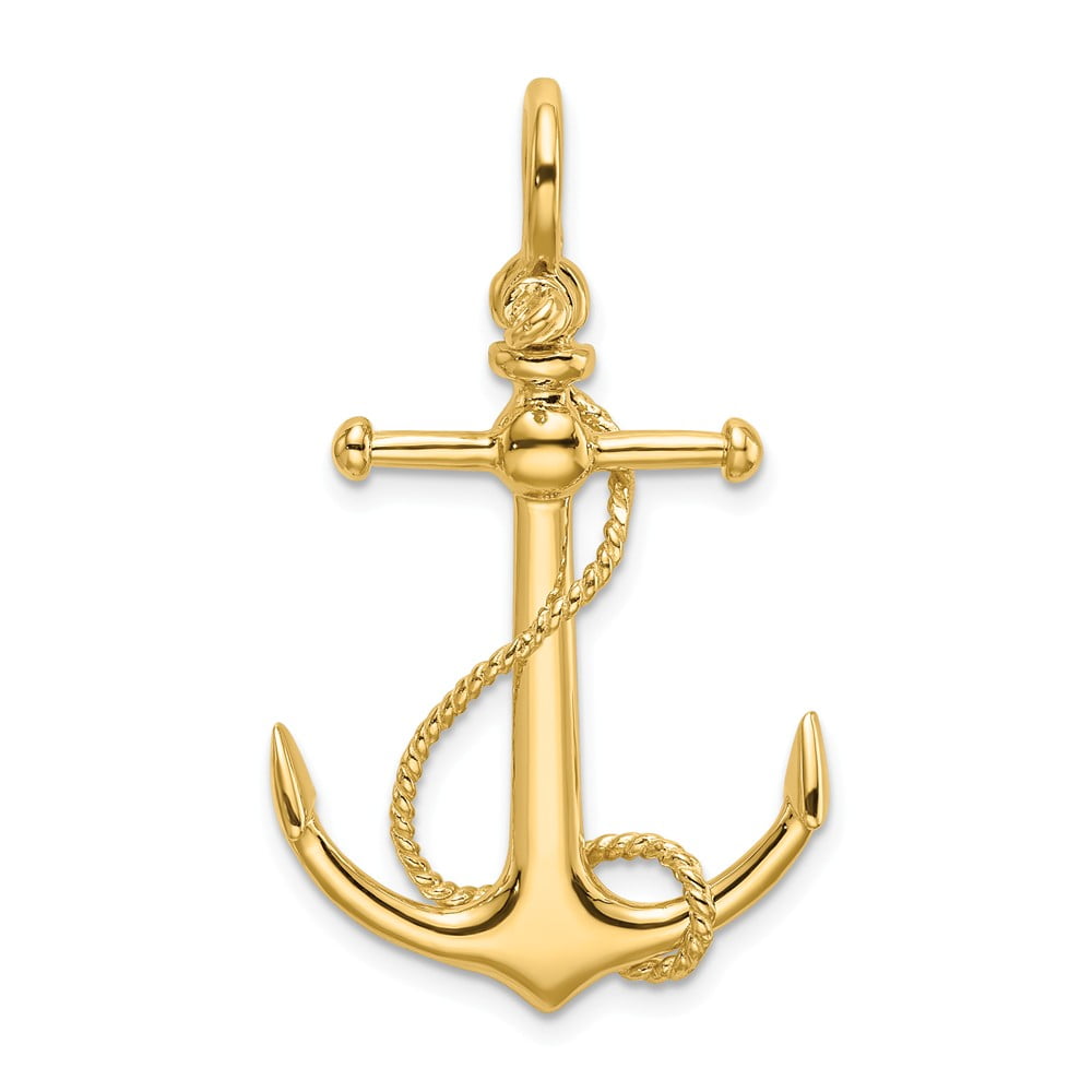 FB Jewels 14K Yellow Gold 3D Anchor with Long T Bar and Rope Shackle ...