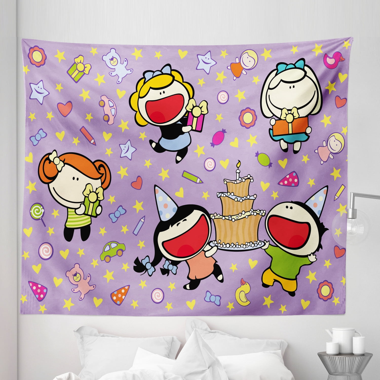 Birthday Tapestry, Happy Tasty Cake Presents Bears Stars on Purple ...