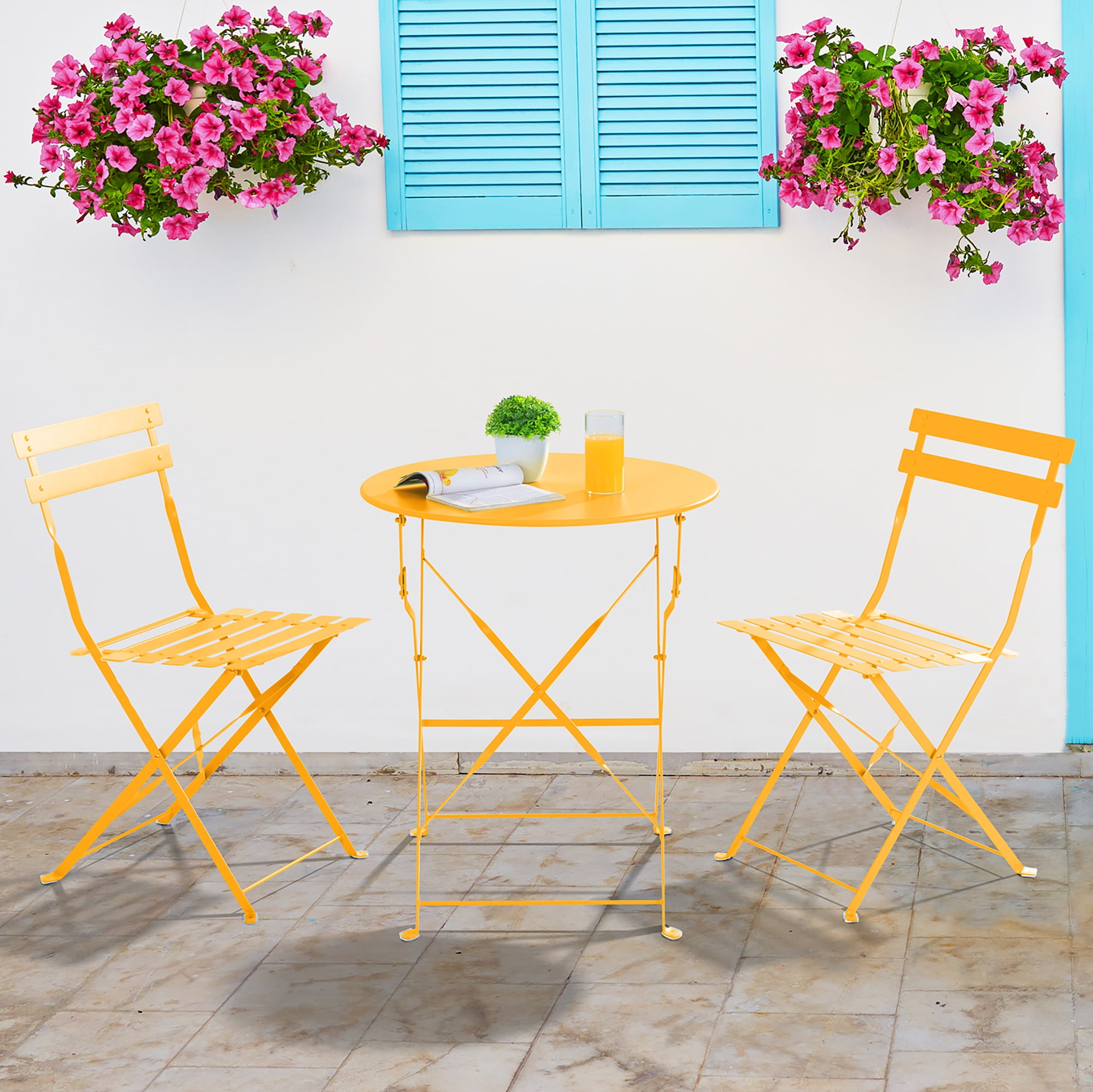 Walsunny 3 Pieces Yellow Bistro Sets with 2 Folding Metal Chairs and ...