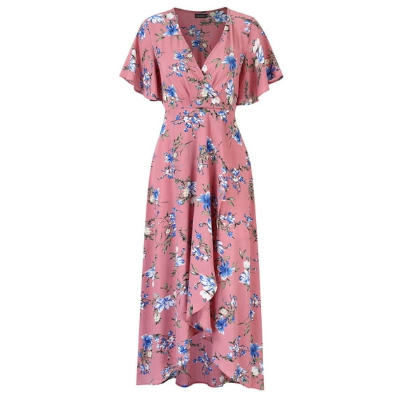 BeesClover Women Chiffon Dress V-neck Floral Print Short Sleeve Middle ...