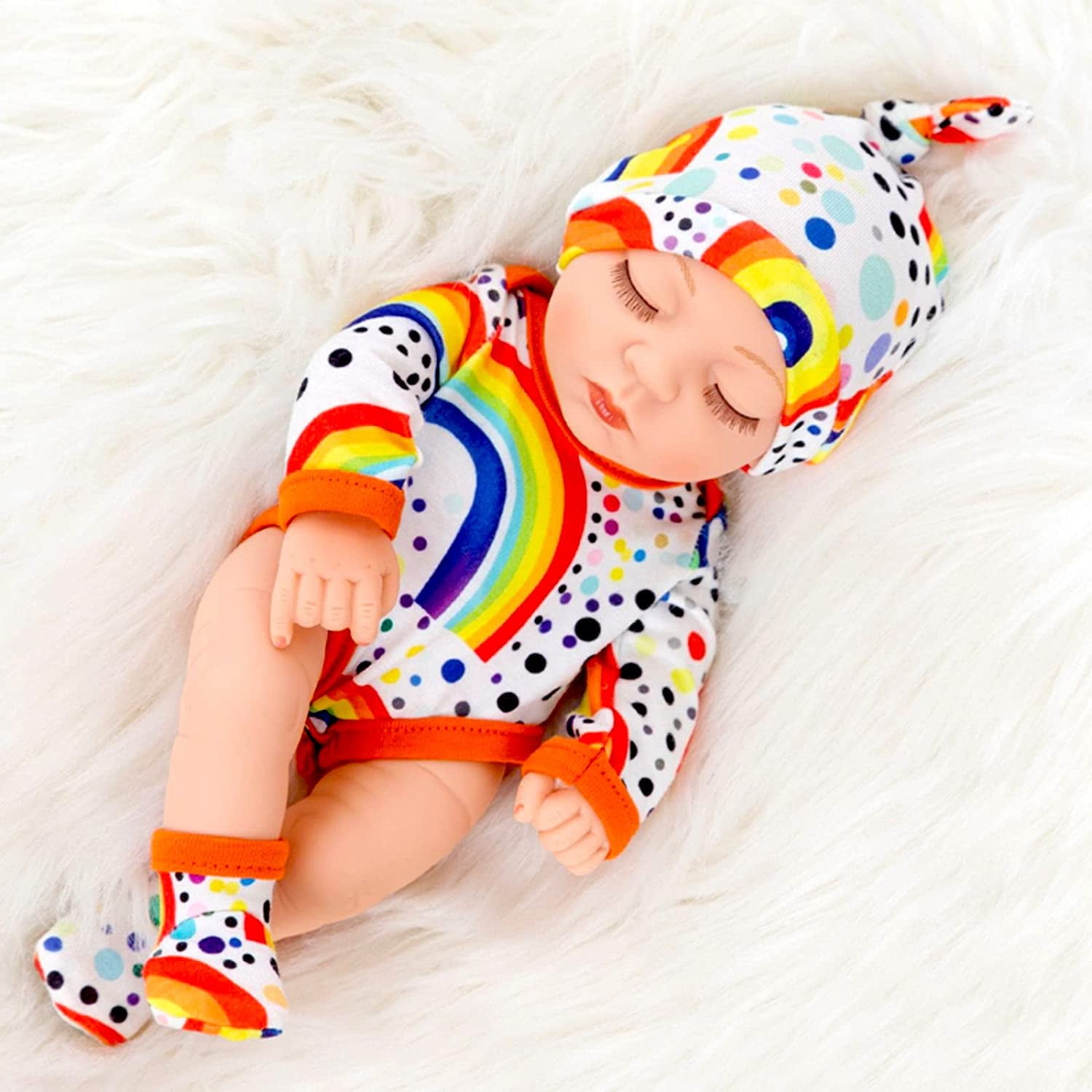 12 inch Newborn Baby Doll and Clothes Set Washable Realistic Silicone Reborn Baby Dolls with Cute Rainbow Polka dot Jumpsuit Socks and hat Best Gift