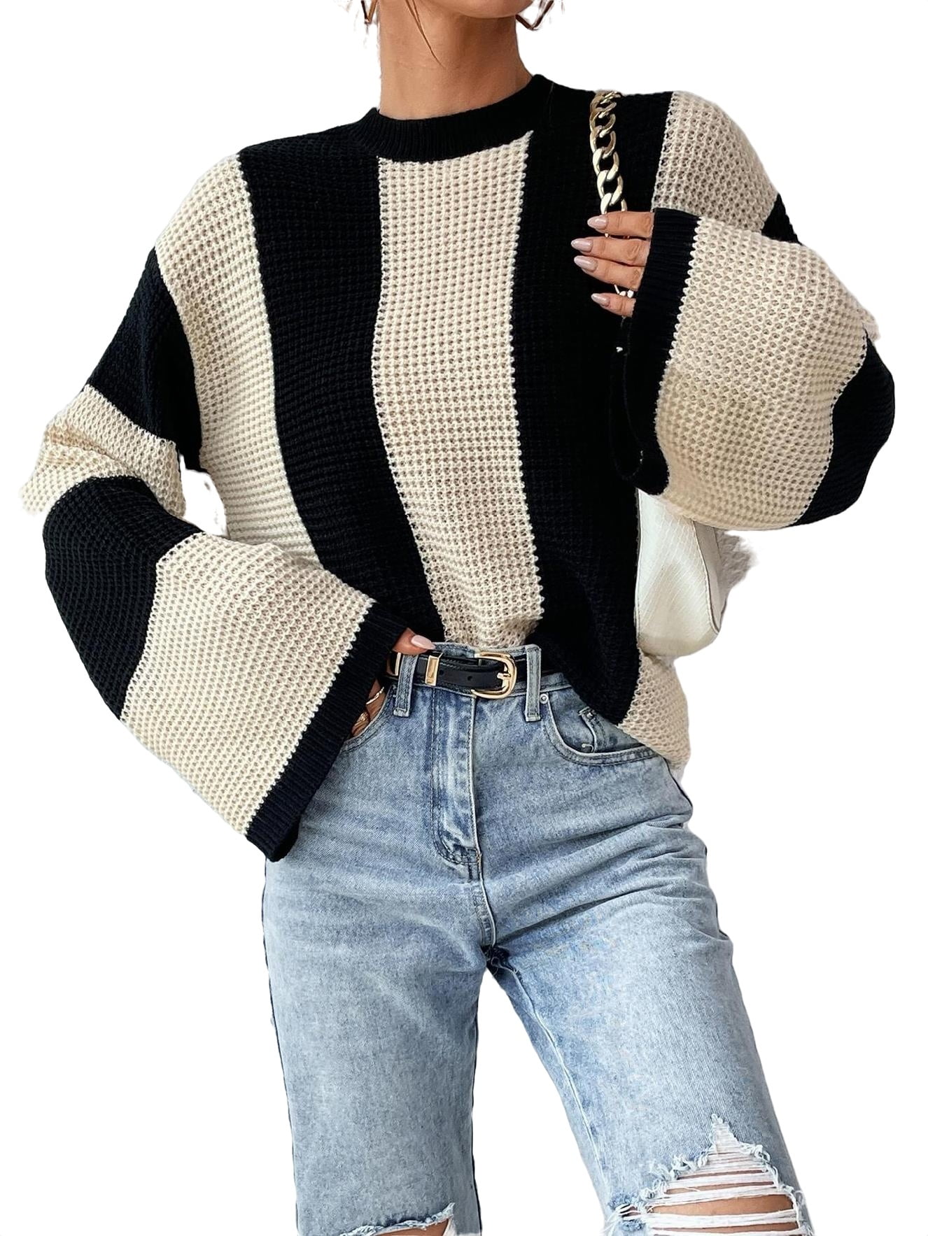 Womens Sweaters Casual Colorblock Round Neck Pullovers Black and White ...
