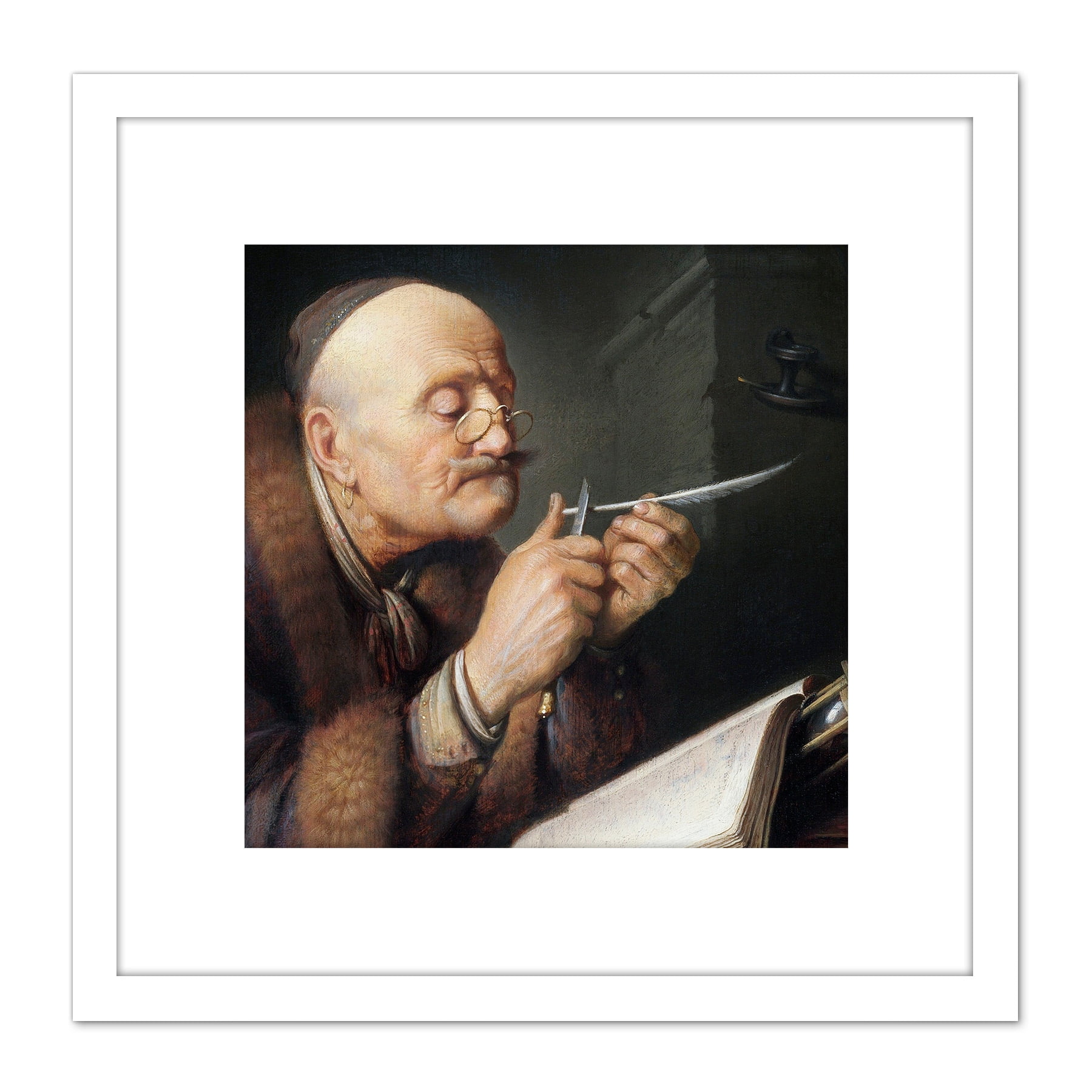 Dou Scholar Sharpening Quill Pen Painting 8X8 Inch Square Wooden Framed ...