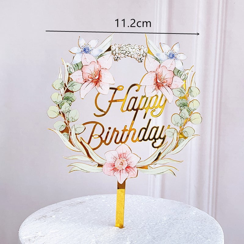 Gold Acrylic Cake Topper With Flower Design Happy Birthday Cake ...