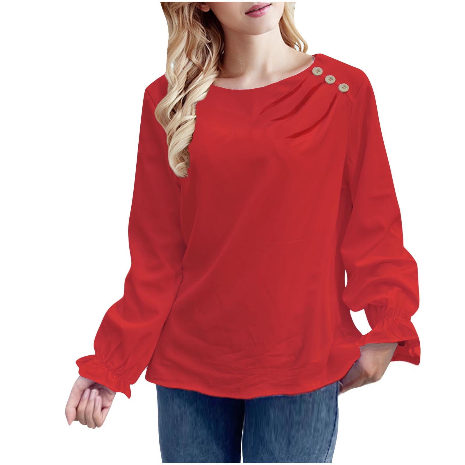 Click here for Mgmyaa Womens Button Blouse Long Sleeve Round Neck... prices