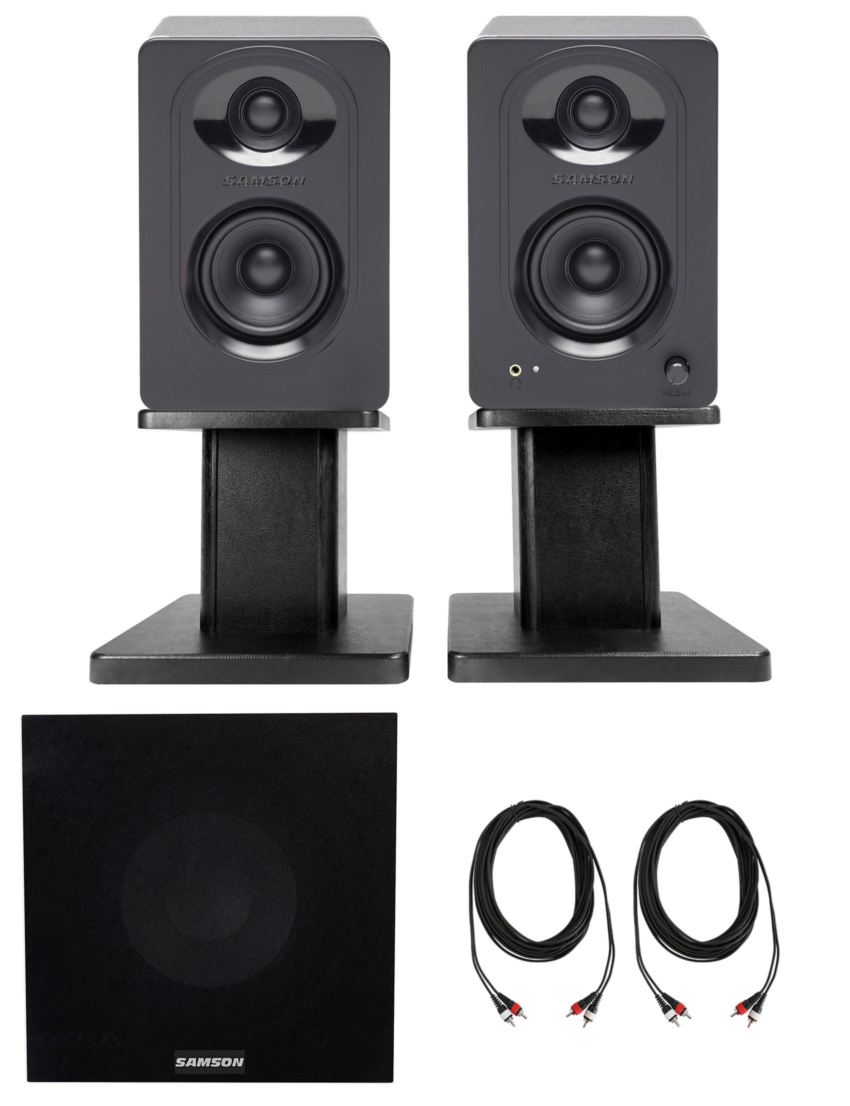 Pair Samson M30 3" Powered Studio Monitor Speakers+Stands+Powered 10 ...