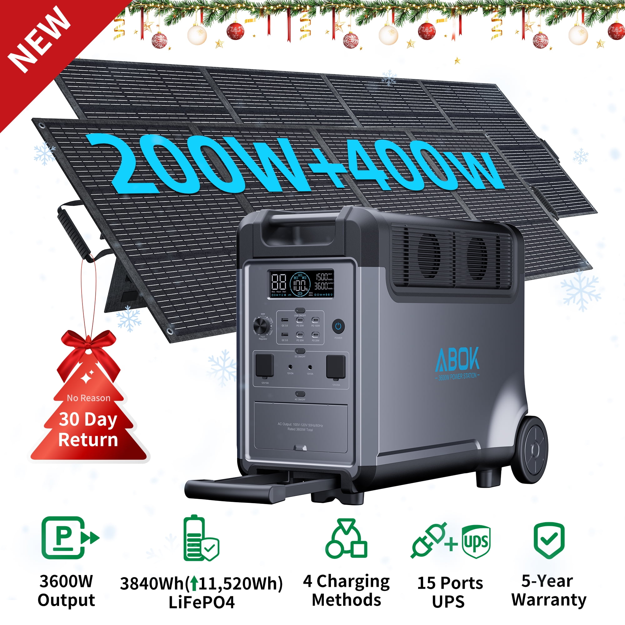 ABOK Ark3600 3840Wh Solar Generator with 600W Solar Panel–Portable ...