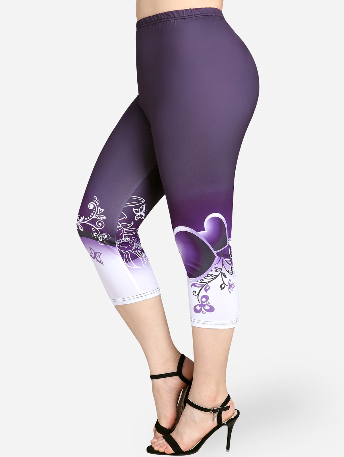 Rosegal Womens Plus Size High Waist Floral Heart Print Capri Skinny