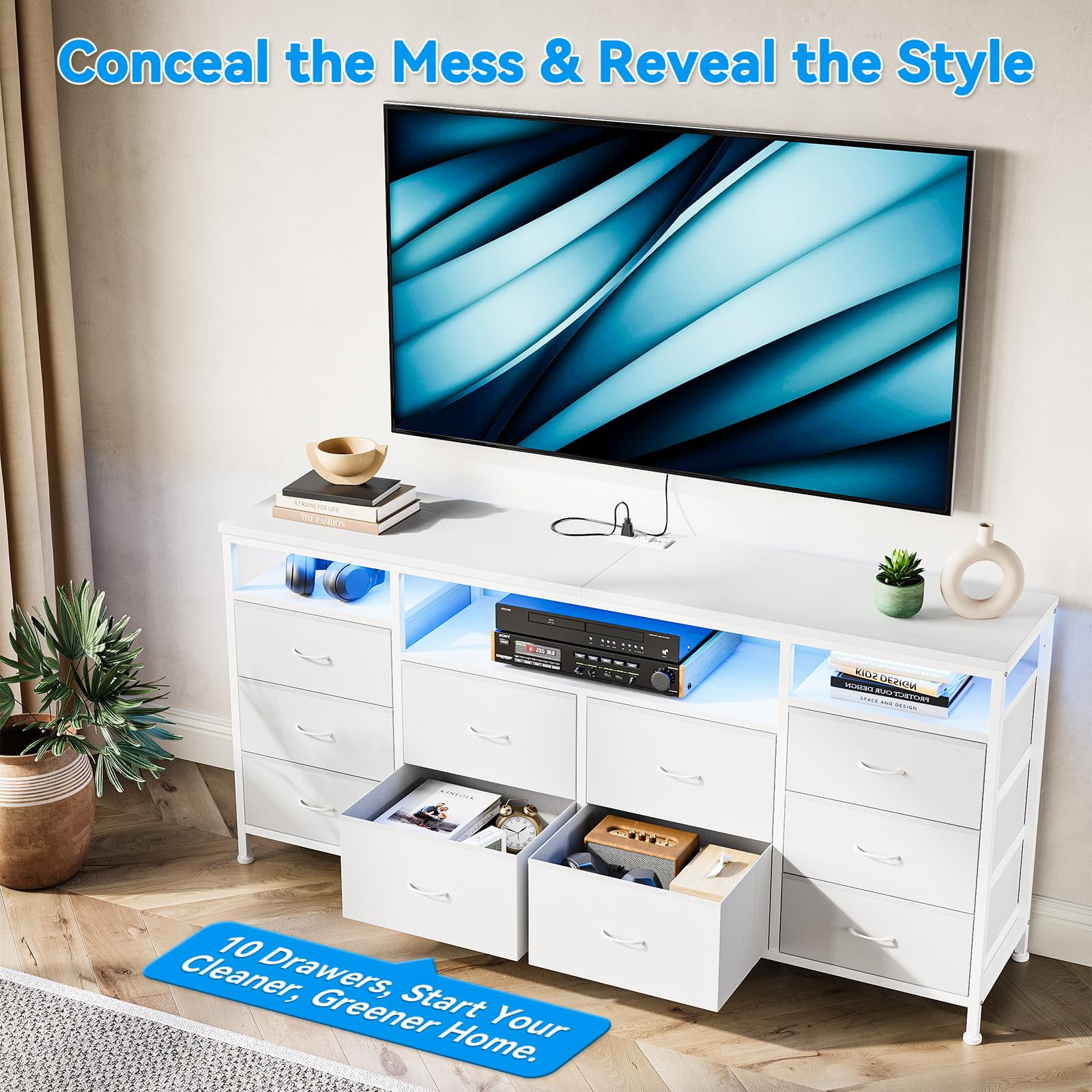 Click here for Beesclover 63 Long Tv Stand Dresser With 10 Fabric... prices