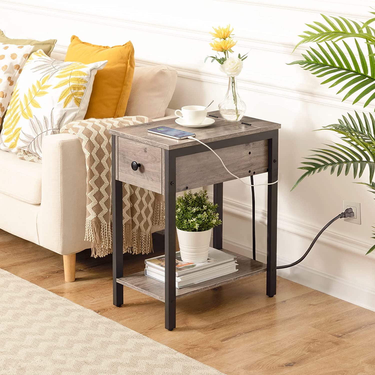 HOOBRO Narrow End Table with Drawer & USB Ports & Power Outlets Living ...