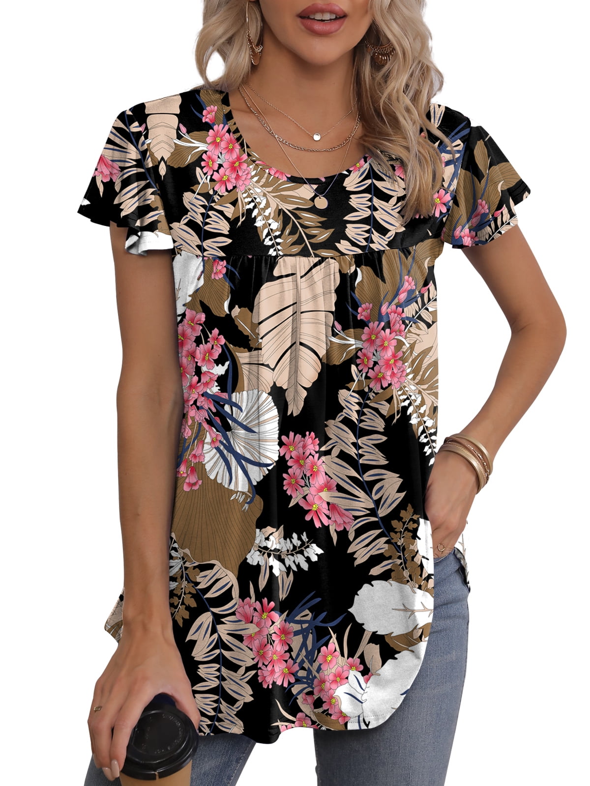QINCAO Womens Tops Floral Ruffle Short Sleeve O Neck Loose Ladies Tops ...