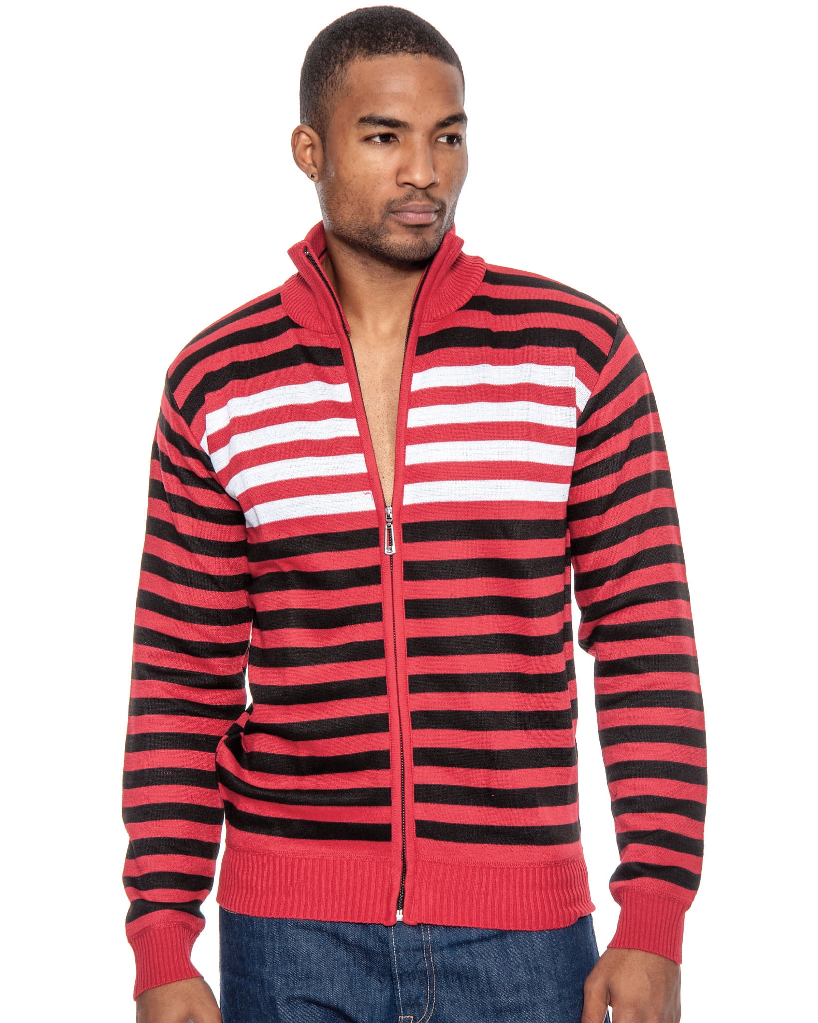 True Rock Mens Striped Full Zip Sweater Jacket (Red/Black/White, XLarge ...