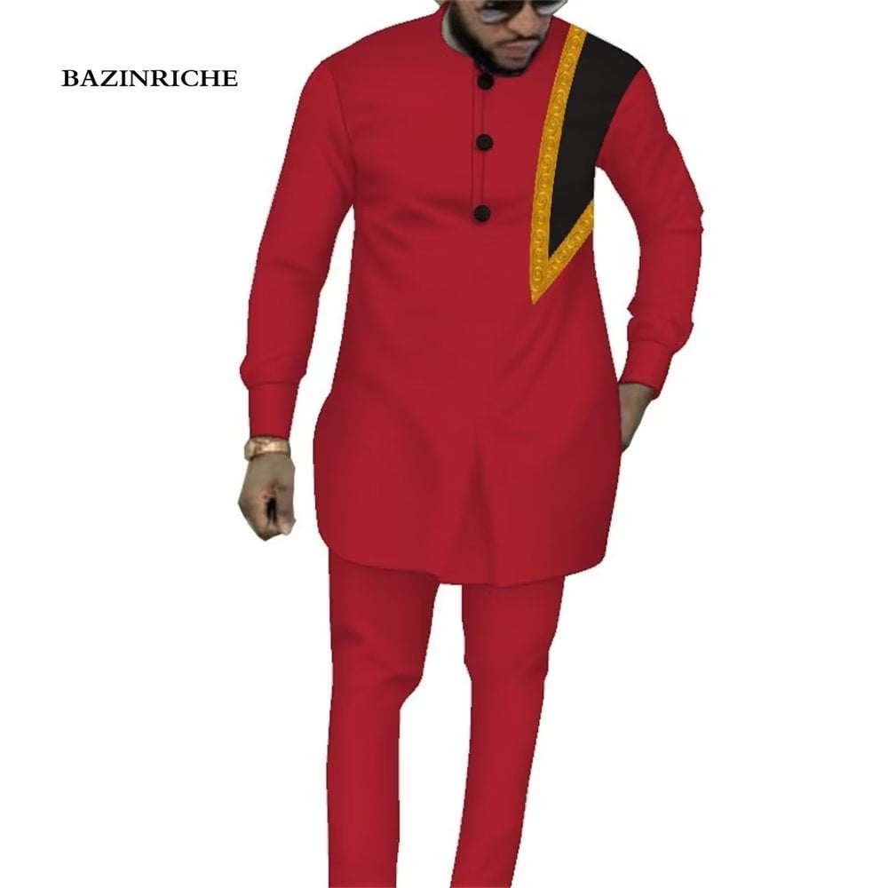 African Men Clothes Suit Dashiki Mens Top Pant 2 Pieces Outfit Set ...