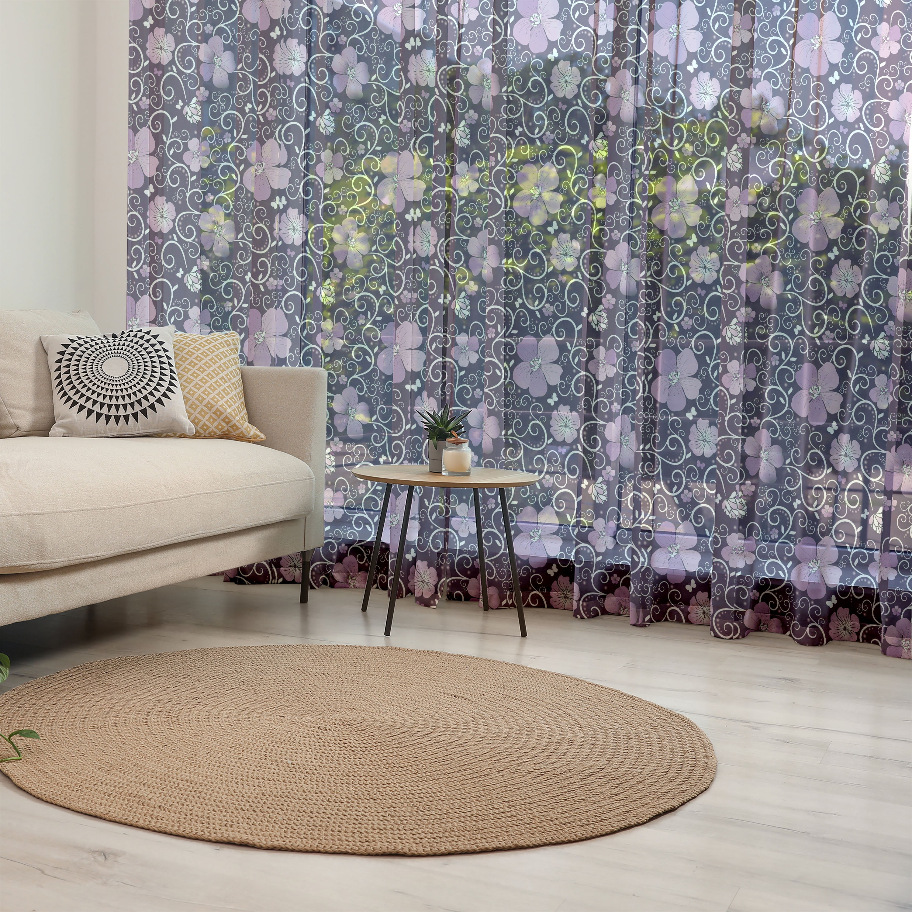 Floral Tulle Curtains with Rod Pocket, Butterfly Silhouettes with Plant ...