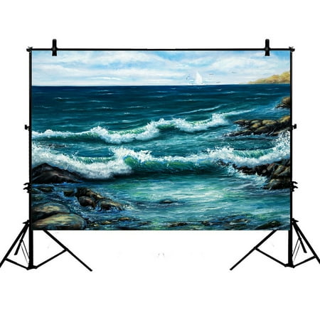 BSDHOME 7x5ft Ocean Backdrops, Oil Painting Sea Wave and Ship Boat ...