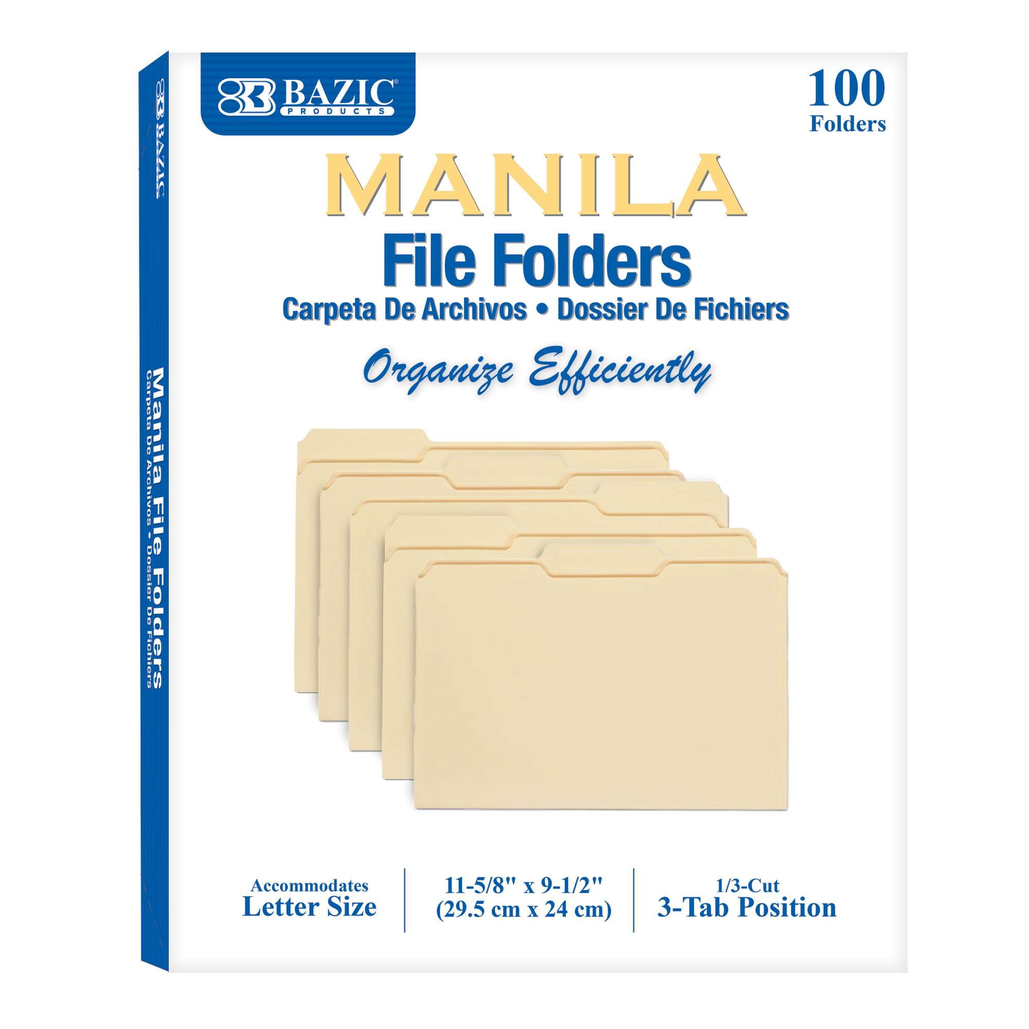 BAZIC Manila File Folder 1/3 Cut Letter Size 11 5/8" x 9 /2",100-Count ...
