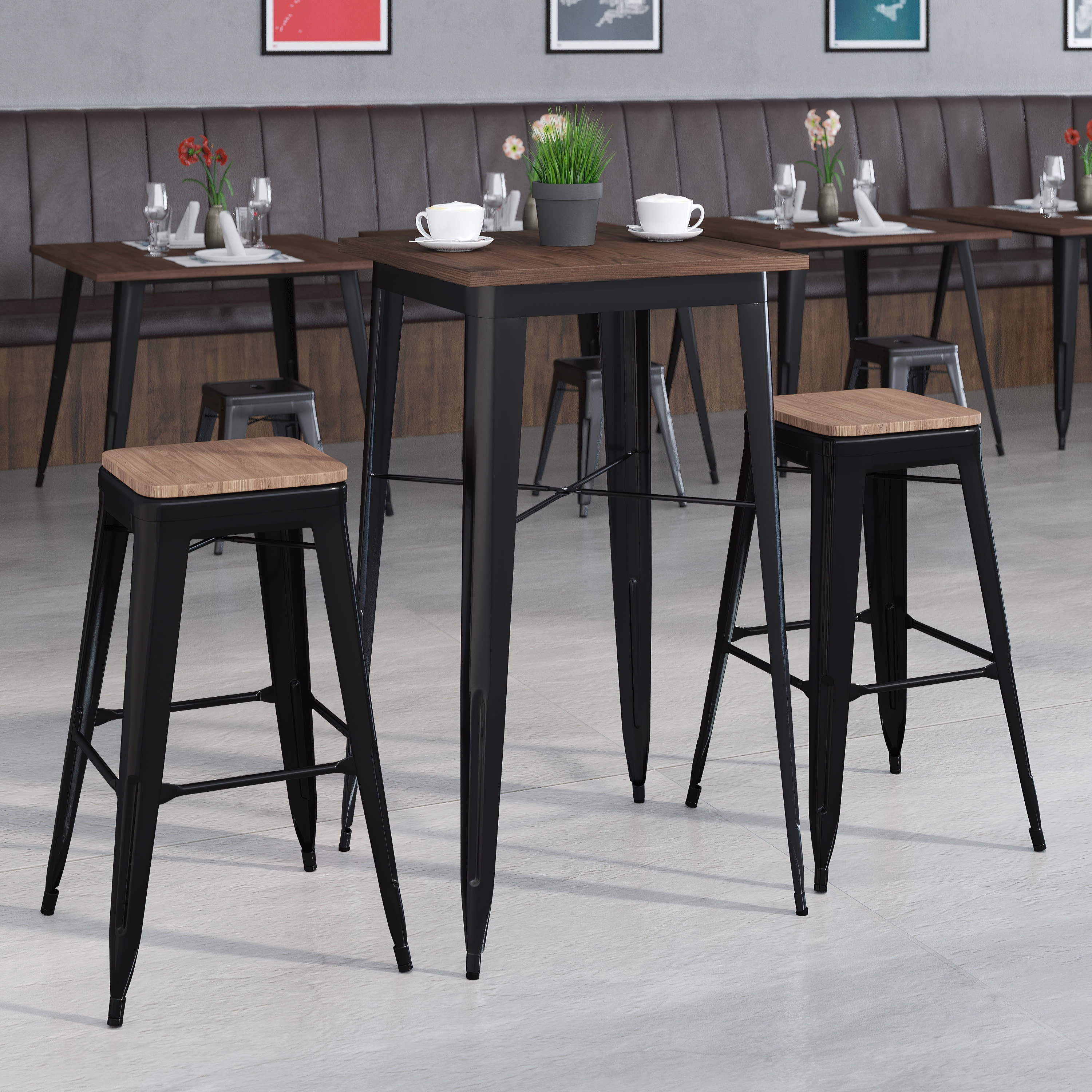 Emma + Oliver 23.5" Square Black Metal/Wood Bar Table Set - 2 Backless ...
