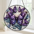 Butterfly Floral Round Stained Glass Window Hanging, Purple Decorative ...