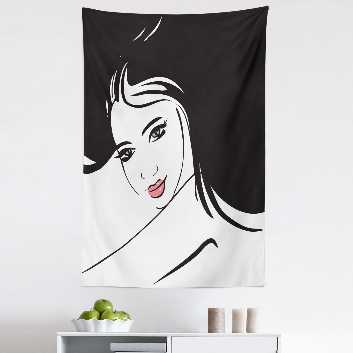 Women Tapestry, Fashion Female with Make Up Hand Drawn Wavy Hair Style ...