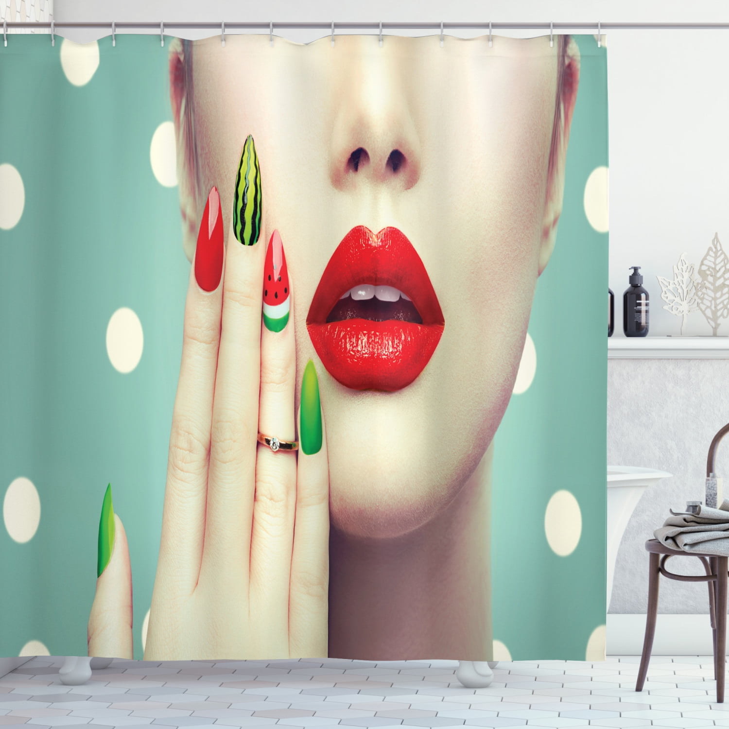 Ambesonne Lips Shower Curtain, Watermelon Nail Art and Makeup, 69"Wx70 ...