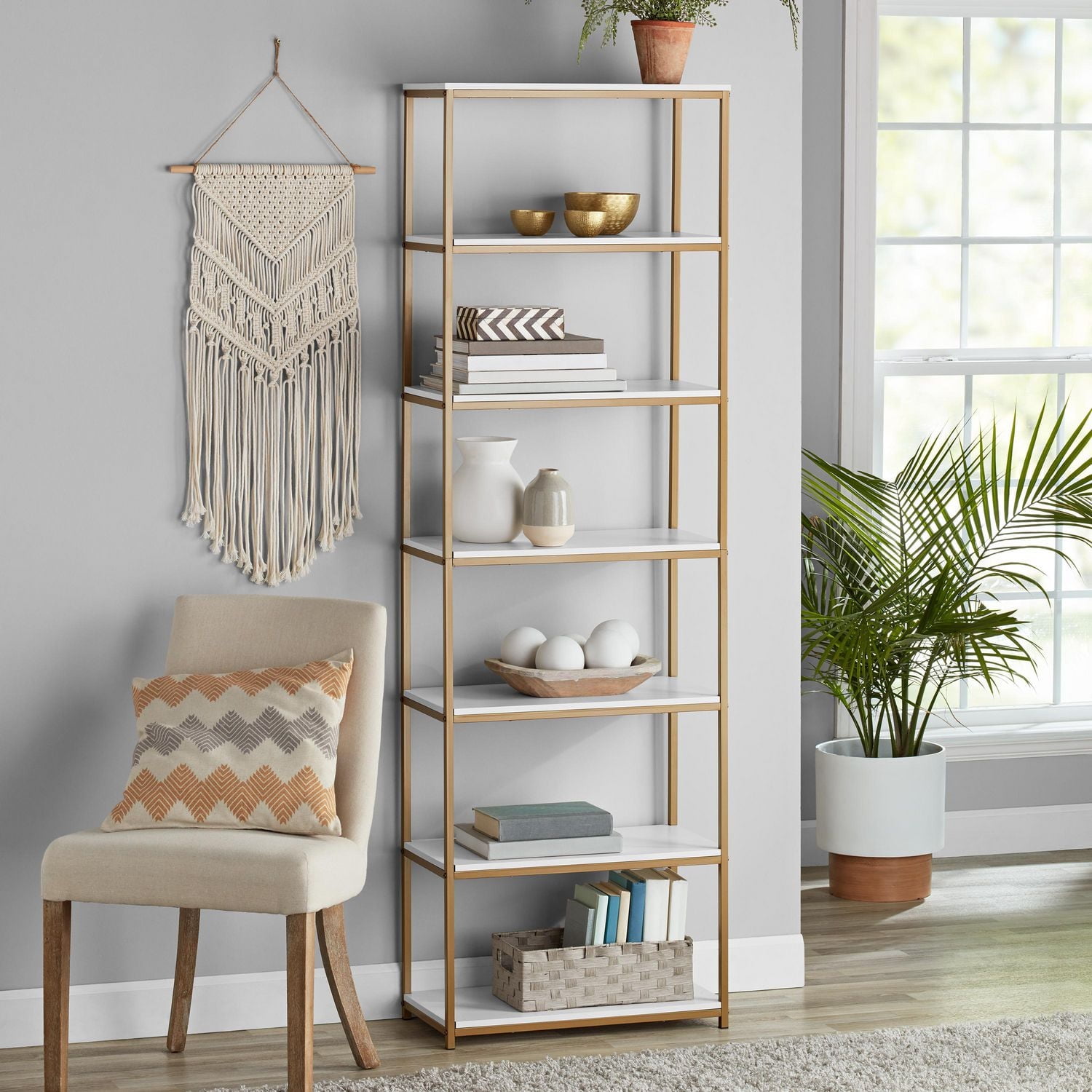 Click here for Mainstays 6-Shelf Metal Frame Bookcase  White/Gold prices