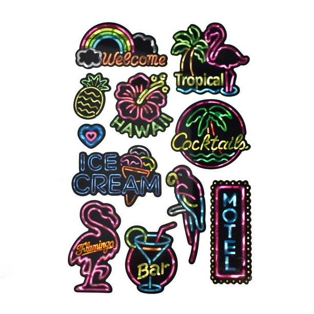 Tropical Flamingo Paradise Holographic Foil Neon Stickers, 11-Piece ...