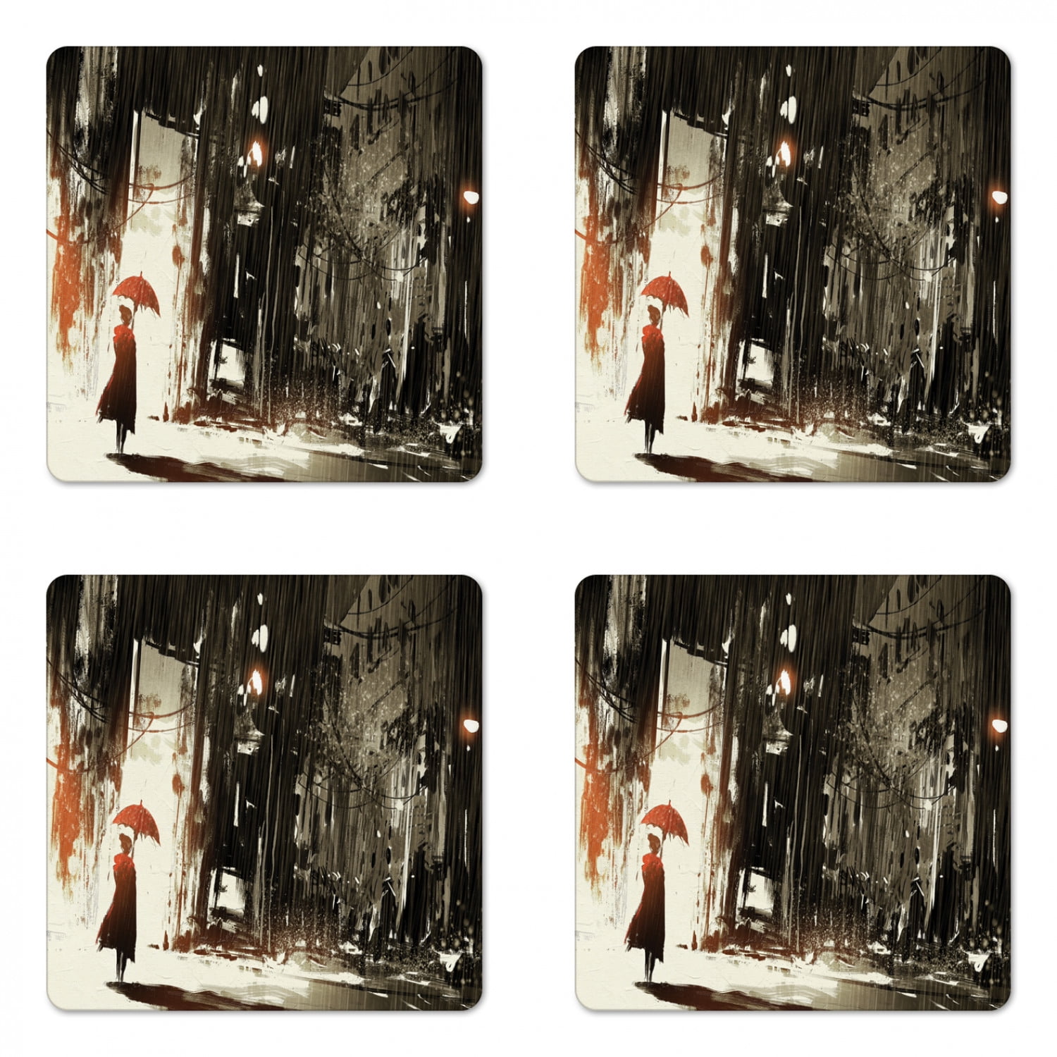 Fantasy Coaster Set of 4, Woman with Umbrella in Rain Old Town Ruins ...