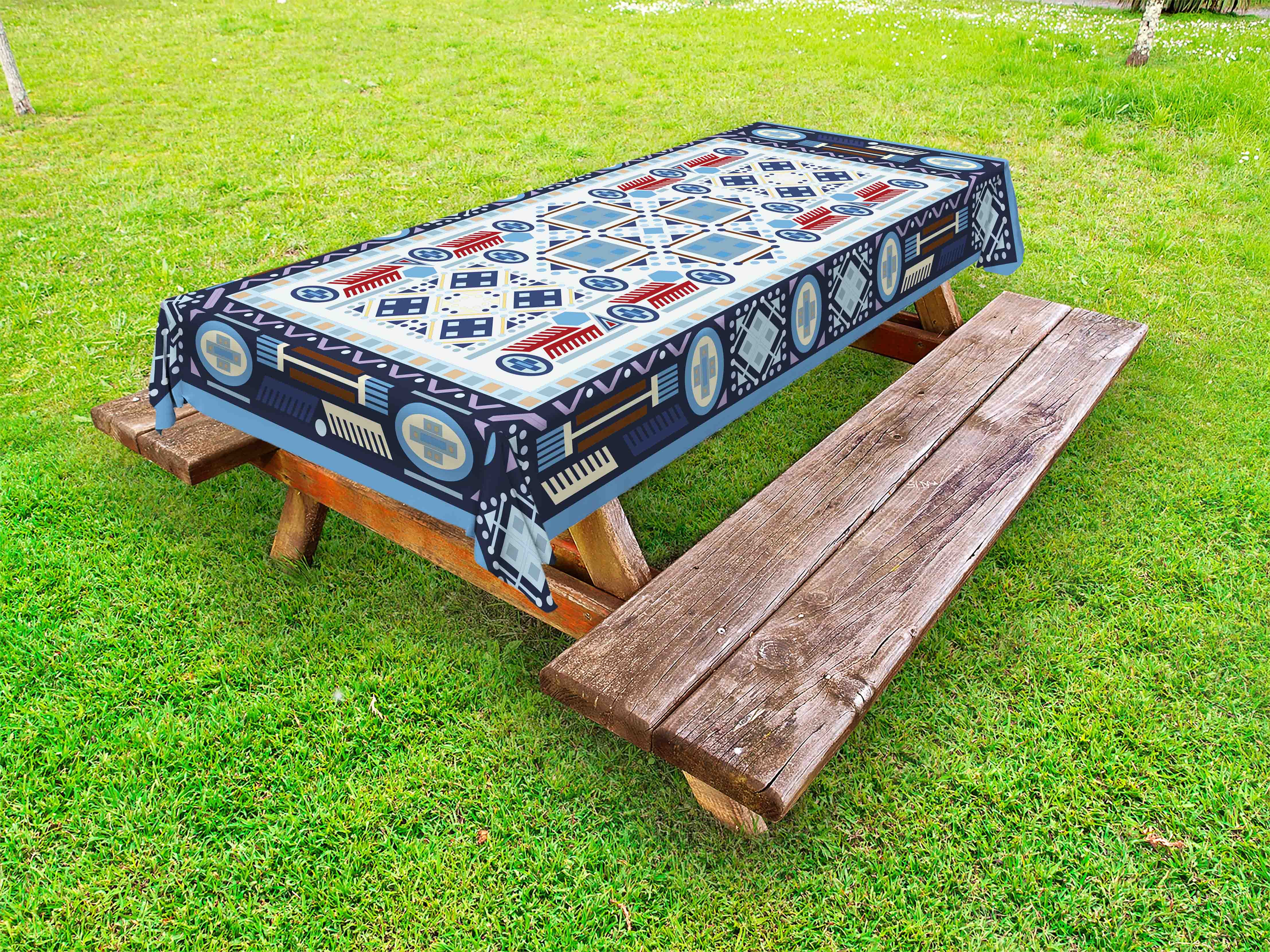 Afghan Outdoor Tablecloth, Blue Toned Geometric Motifs Tribal Timeless ...