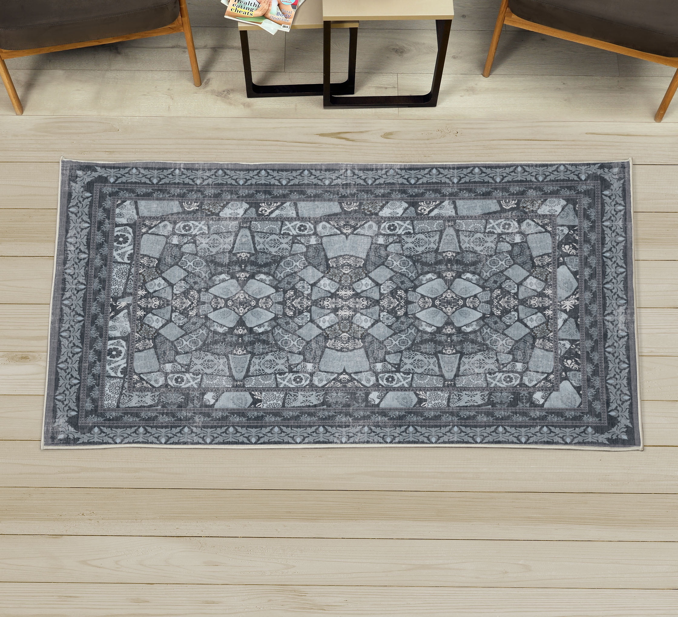 Grey Decorative Rug, Bohemian Concept Pattern of Vintage Floral and ...