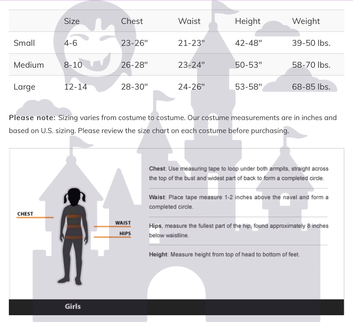 Rg Costumes Size Chart