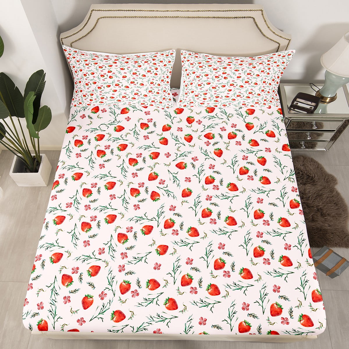 Erosebridal Strawberry Fitted Sheet Set Full For Teens  Pink Red Bedding Full Size  Flower Leaf Bedding Set Full Size  Super Cozy Bedroom Decorative 