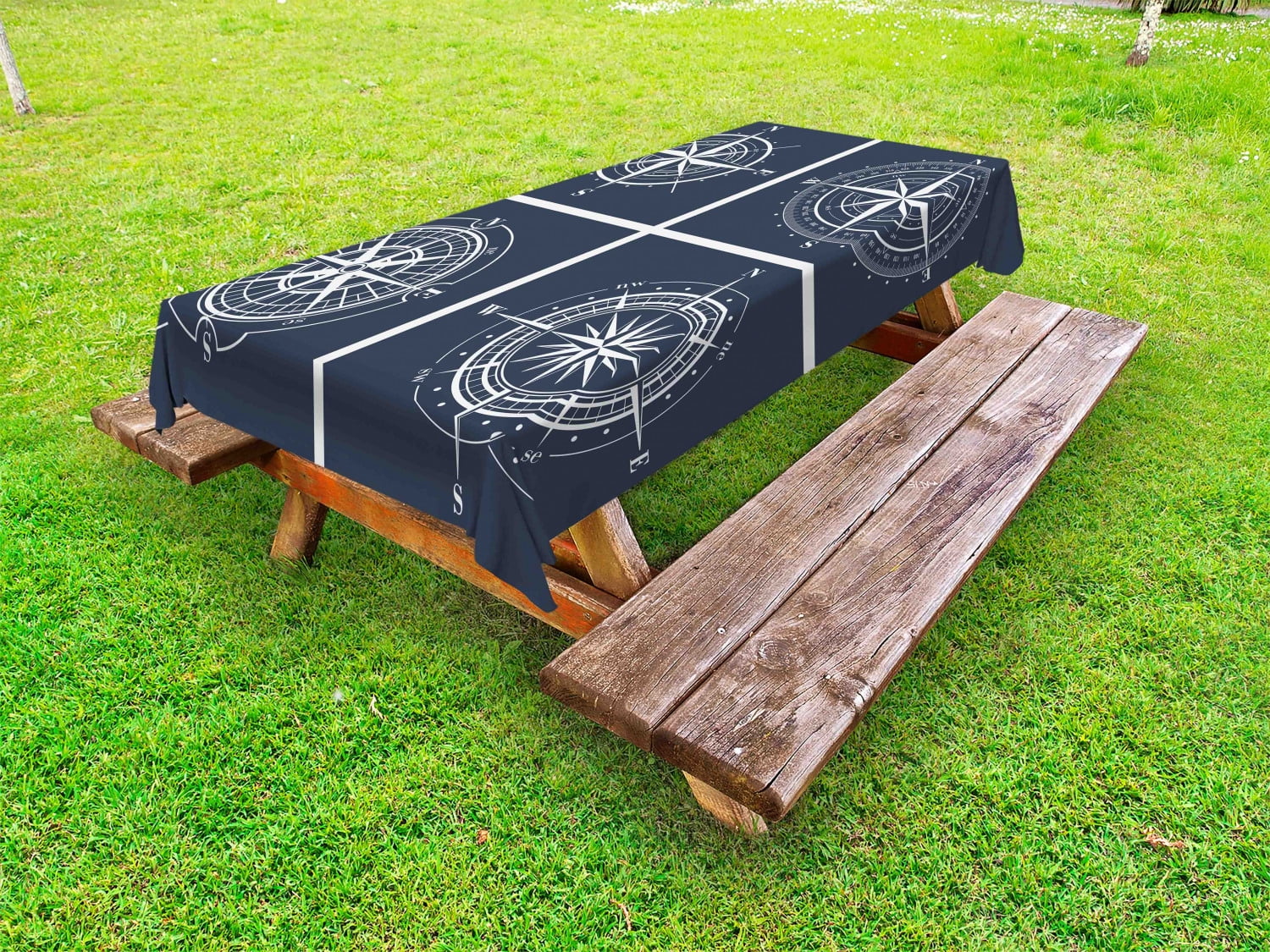 Compass Outdoor Tablecloth, Set of White Compasses with Navy Blue ...