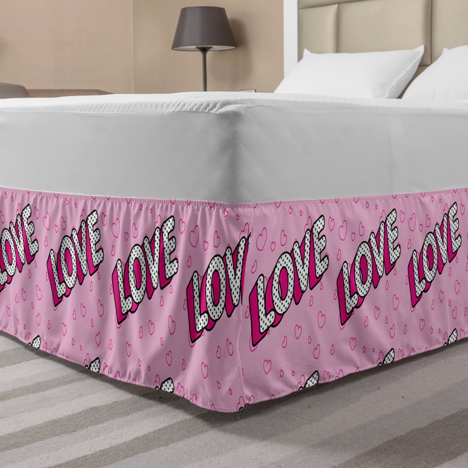 Pop Art Bed Skirt, Rhythmic Lettering Love with Polka Dots and Hearts ...