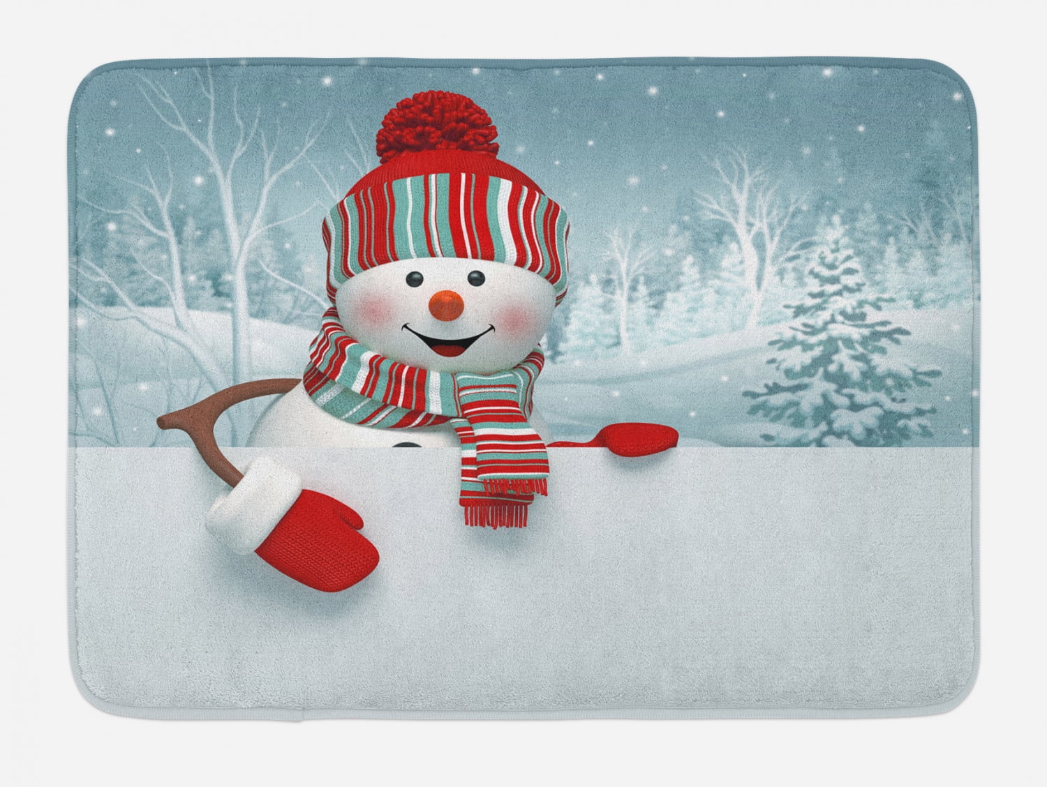 Snowman Bath Mat, Smiling 3D Style Mascot with Hat and Scarf Snowy ...