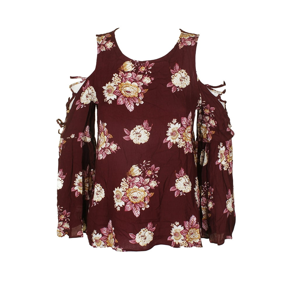 Hippie Rose - Hippie Rose Juniors Burgundy Lattice-Sleeve Floral Blouse ...