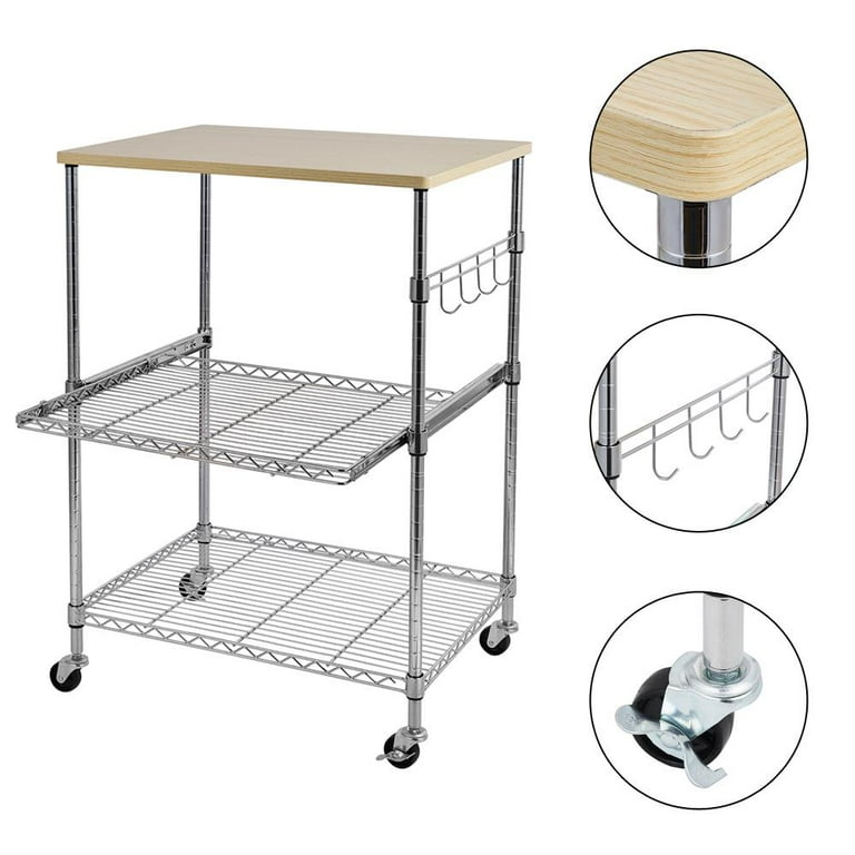 Samyohome Kitchen Rolling Microwave Cart 3 Tier Heavy Duty Commercial Grade Utility Cart On Wheels Silver