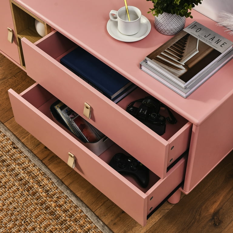 54 Storage Cabinet Modern Multi Function TV Stand with Leather Handle Door and Drawer Solid Wood Drawer TV Cabinet for Living Room Pink Walmart