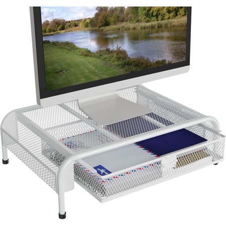 WALI Metal Mesh Monitor Riser Desktop Stand with Drawer and Side ...