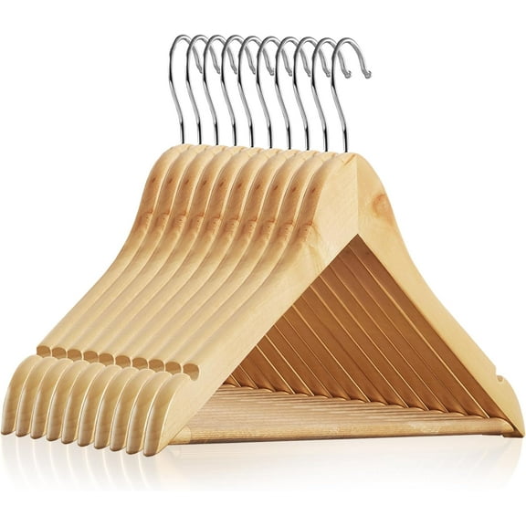 10 Pack Sturdy Lacquered Wooden Hangers - Chrome Swivel Hooks ...