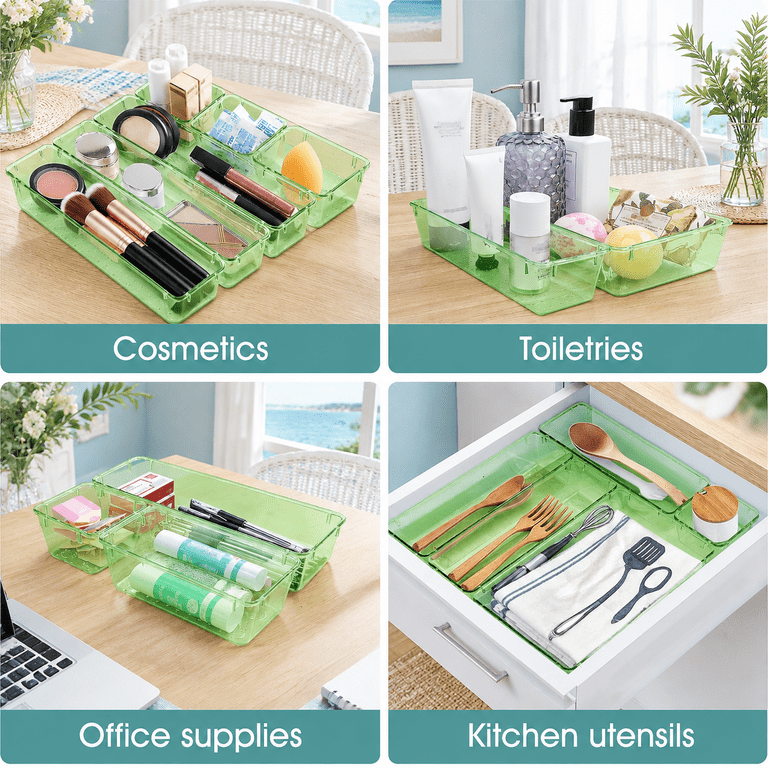 Clear Green 25-Piece Plastic Drawer Organizer Set, Multi-Size Cabinet ...