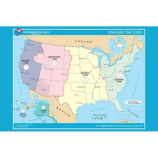 Usa Oficial Standard Time Zone Map Educational User-Friendly 24" x 0.5 ...