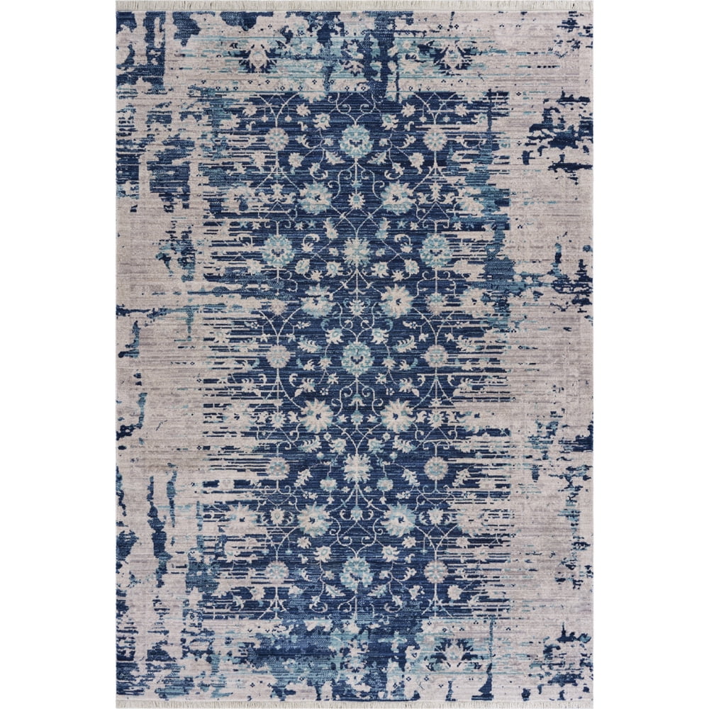 LR Home Traditional Distressed Floral Navy Blue & Cream 5x7 Rectangle ...