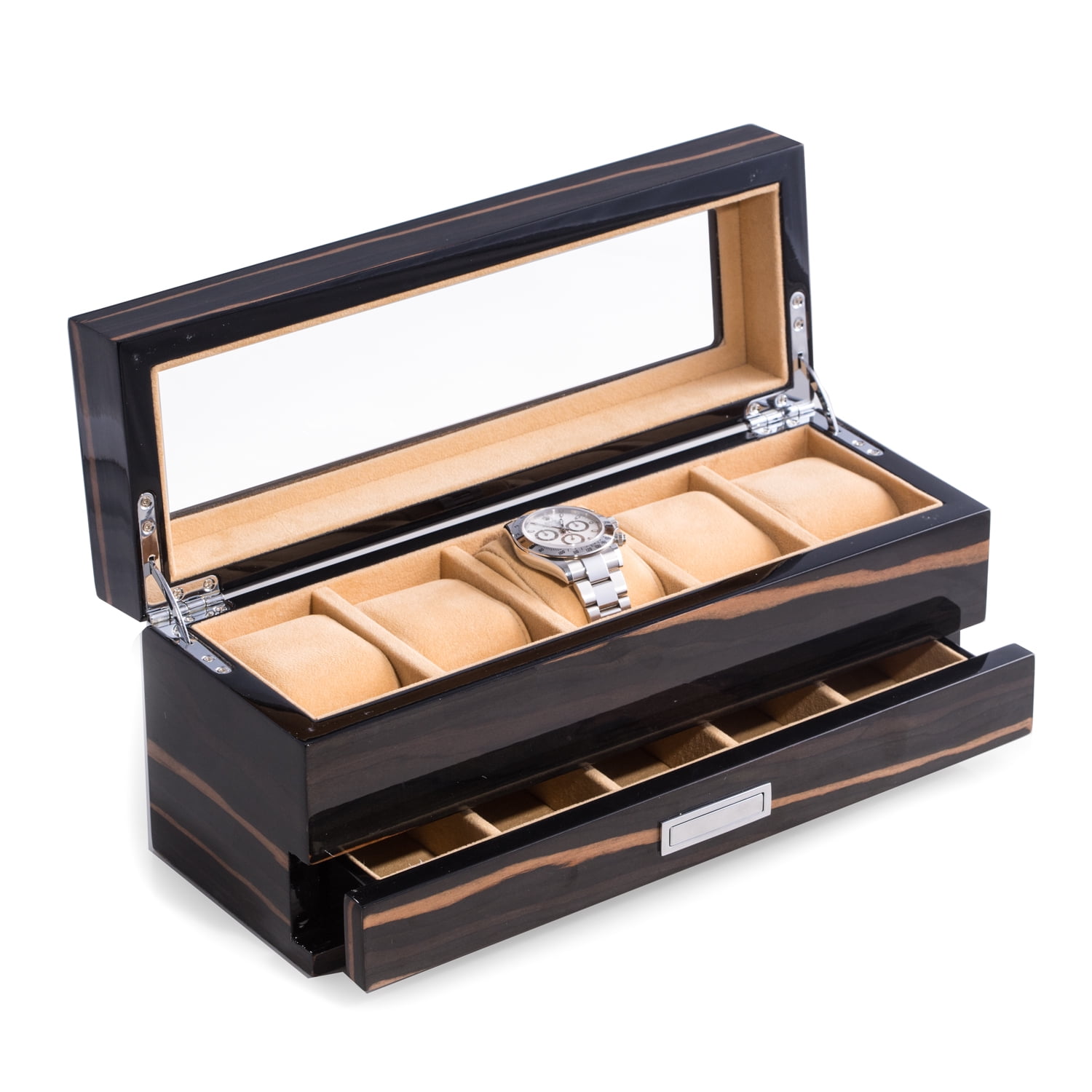 Lacquered "Ebony" Wood 5 Watch Box with Glass Top & 5 Compartment ...